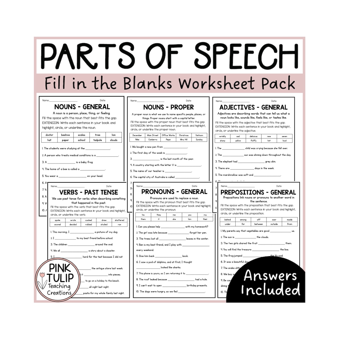 Parts of Speech - Fill the Blanks Worksheets - Etsy