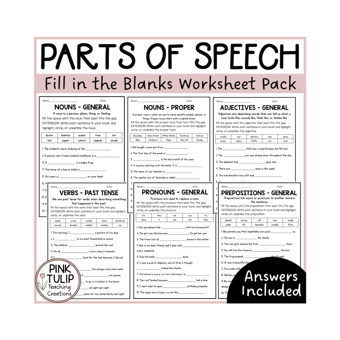 Parts of Speech - Fill the Blanks Worksheets - Etsy