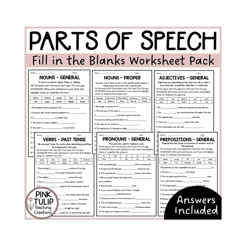Parts of Speech - Fill the Blanks Worksheets - Etsy
