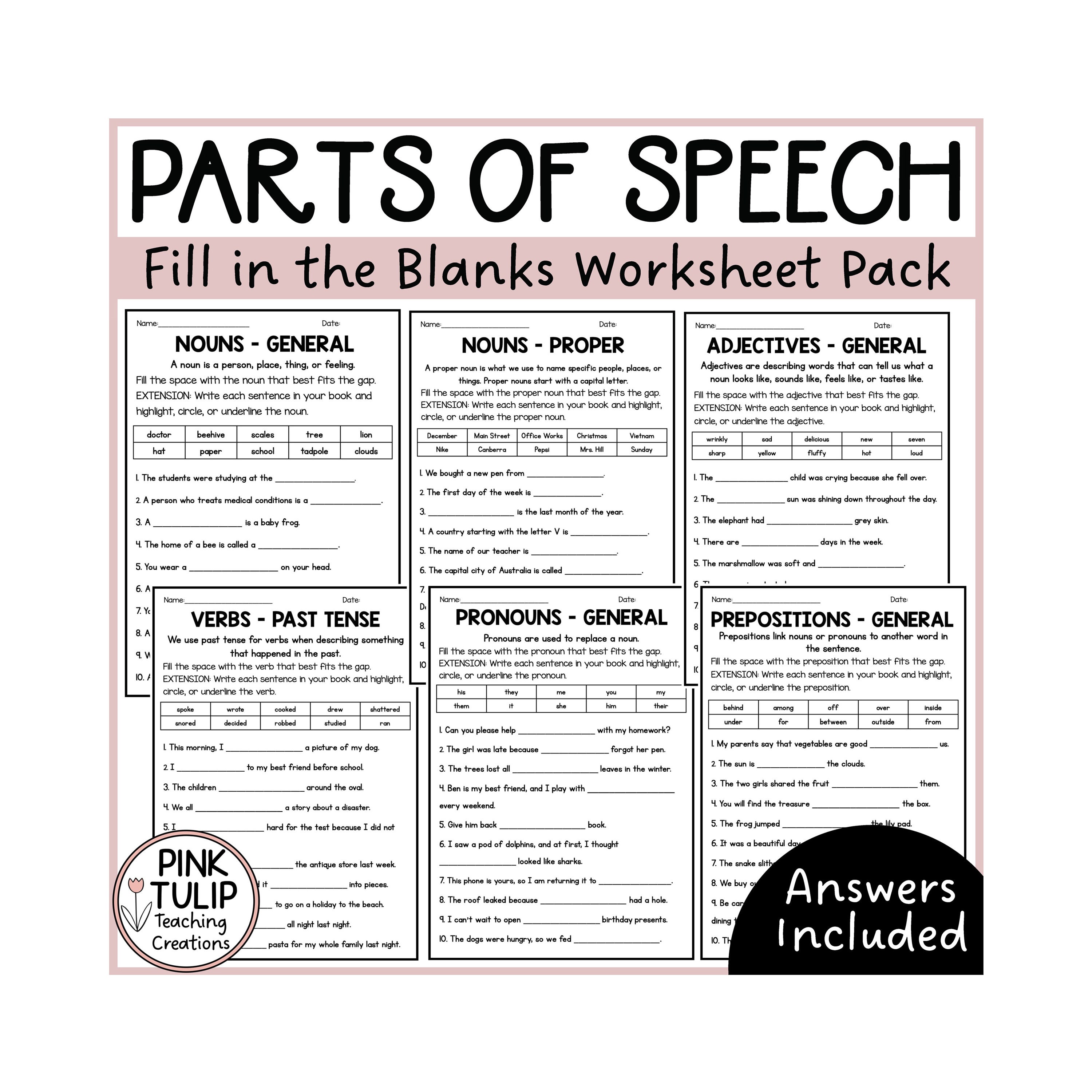 Parts of Speech - Fill the Blanks Worksheets - Etsy