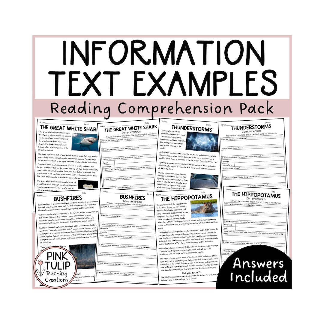 Information Text Examples - Ten Reading Samples With Comprehension - Etsy