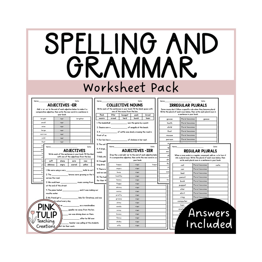 English, Spelling, and Grammar - Worksheet Pack - Etsy