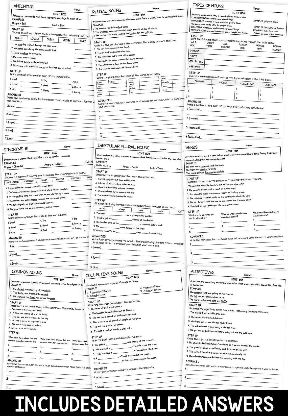 Grammar Worksheet Pack - Etsy