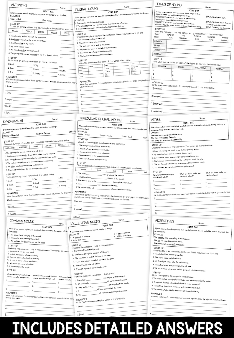 Grammar Worksheet Pack - Etsy