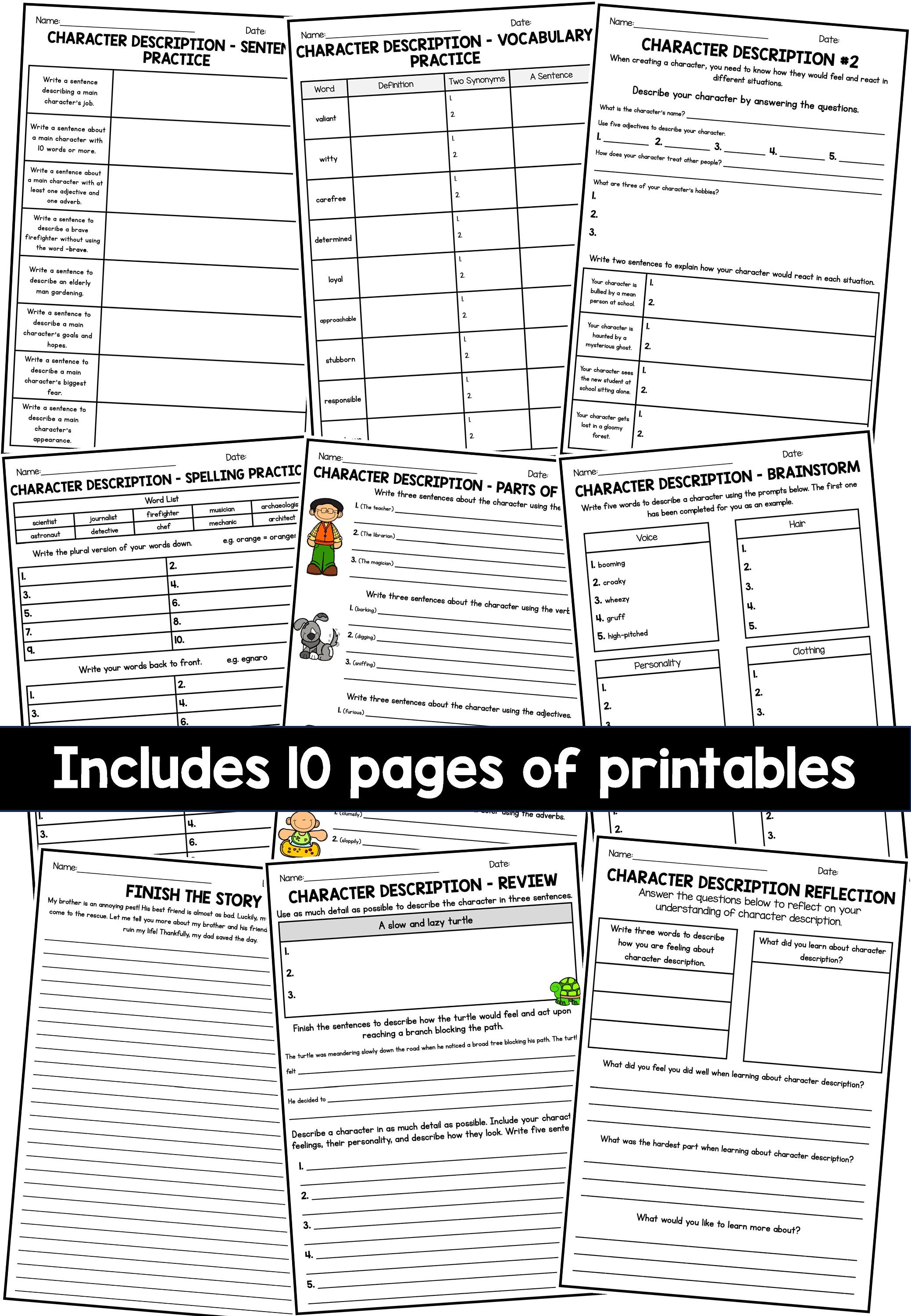 Character Description - Narrative Writing Worksheets - Etsy