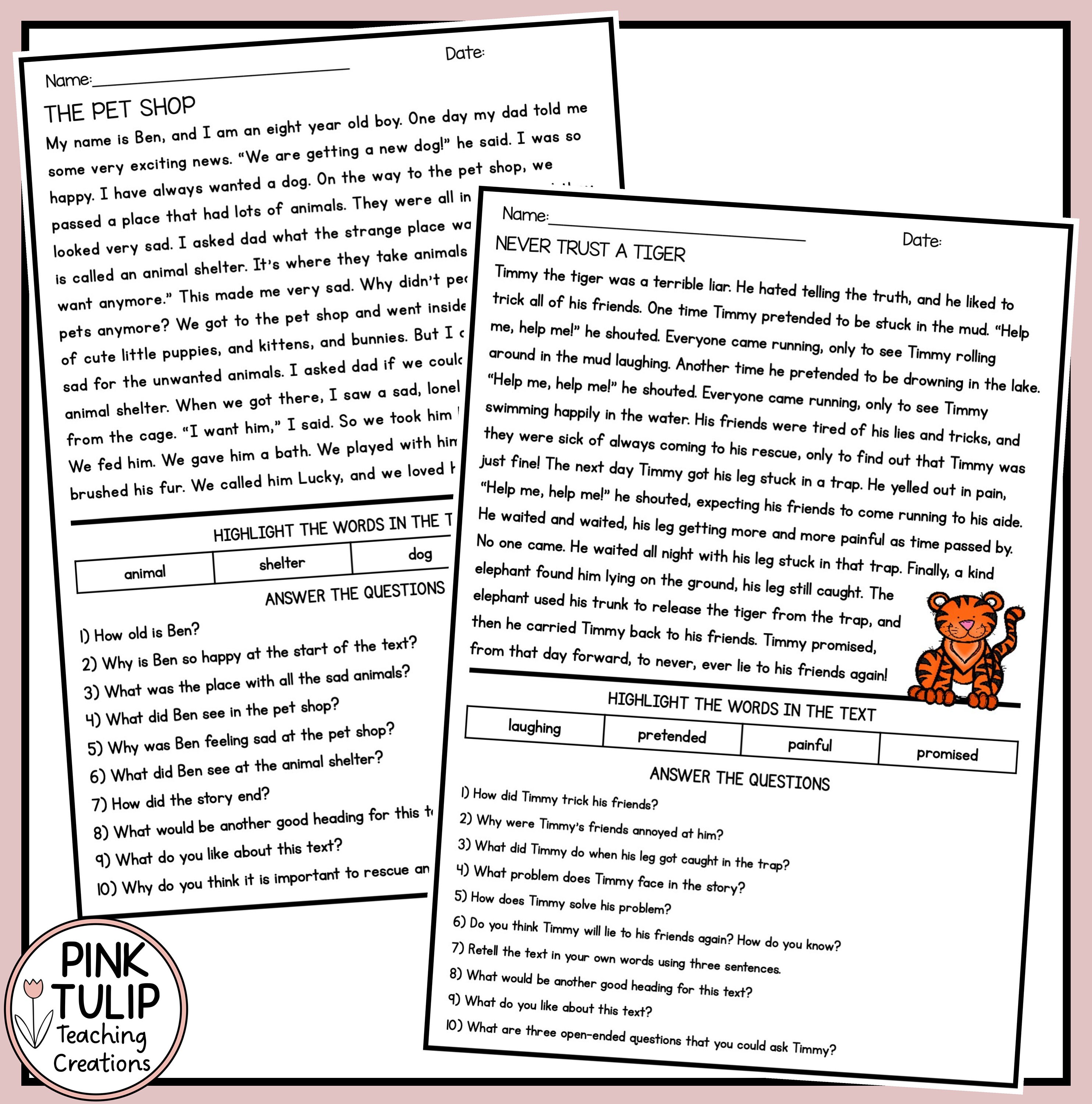 Ten Page Reading Comprehension Worksheet Pack - Etsy