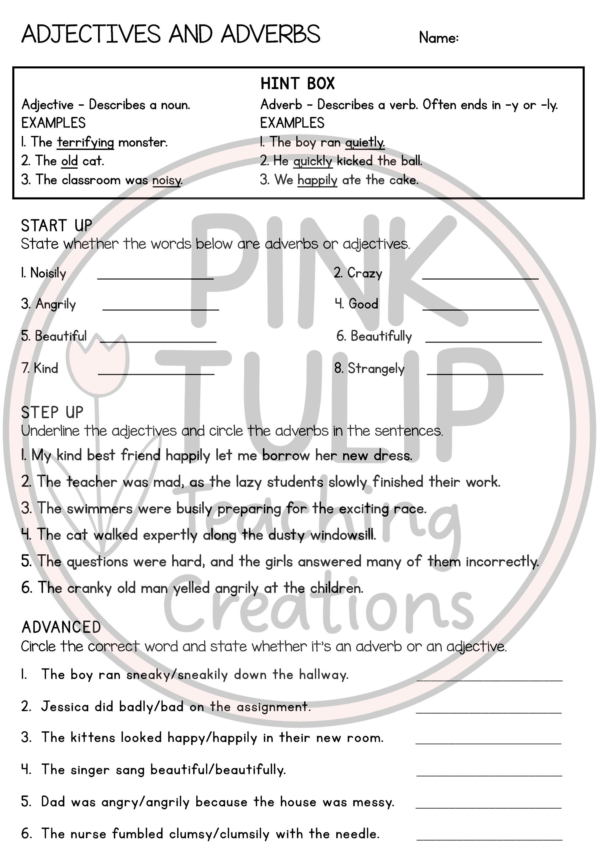 Verbs, Adjectives, Adverbs and Tense - Grammar Worksheets With Answers ...