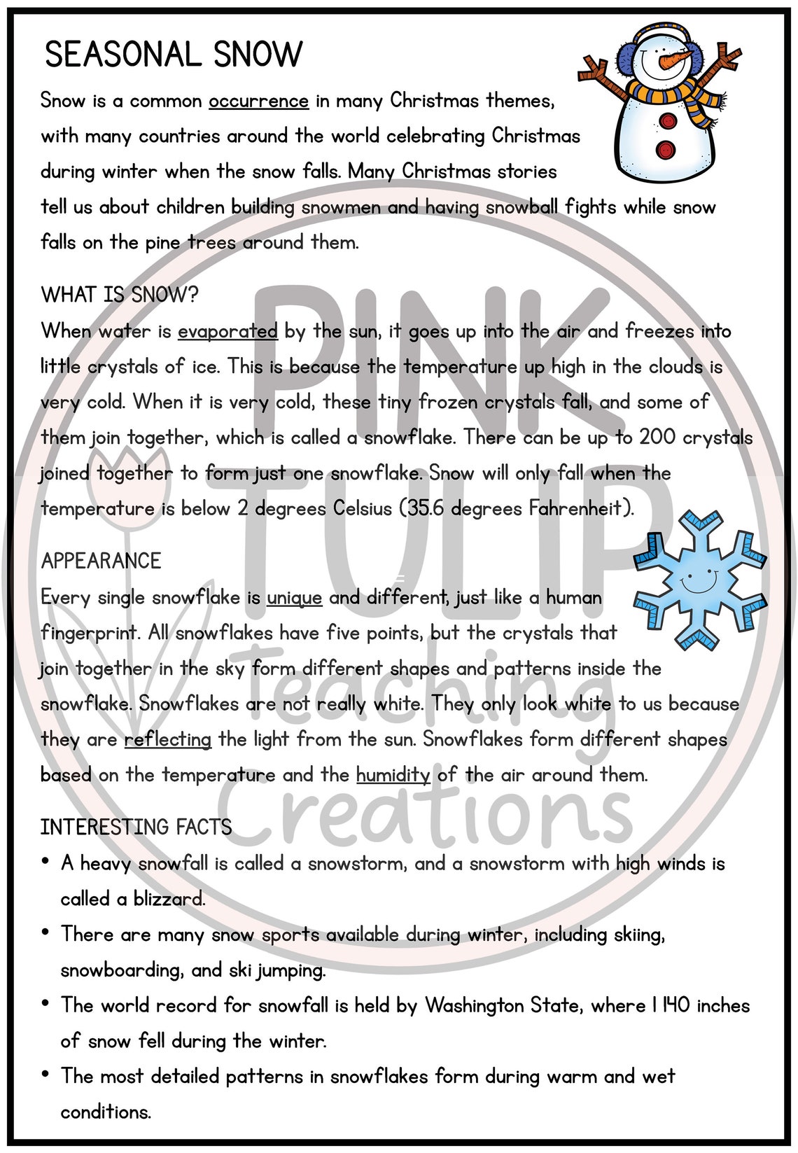 Seasonal Snow Christmas Comprehension - Reading Strategy Worksheet - Etsy