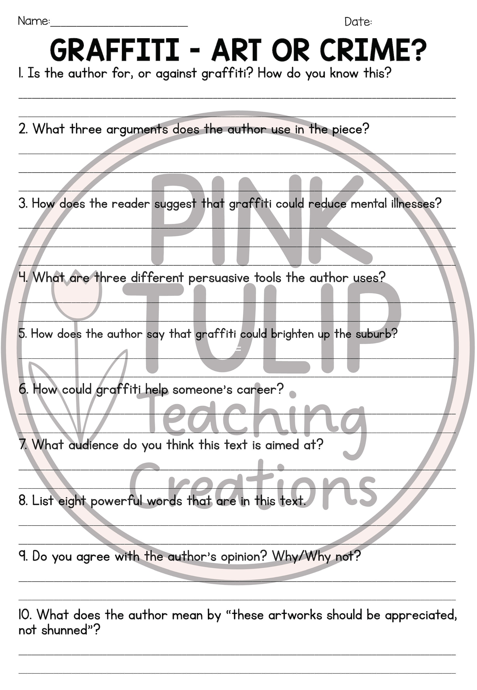 Persuasive Writing Comprehension - Graffiti, Art or Crime? - Etsy