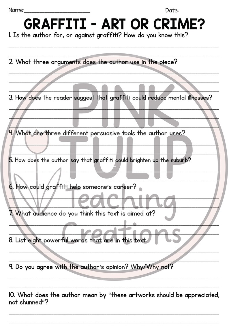 Persuasive Writing Comprehension - Graffiti, Art or Crime? - Etsy