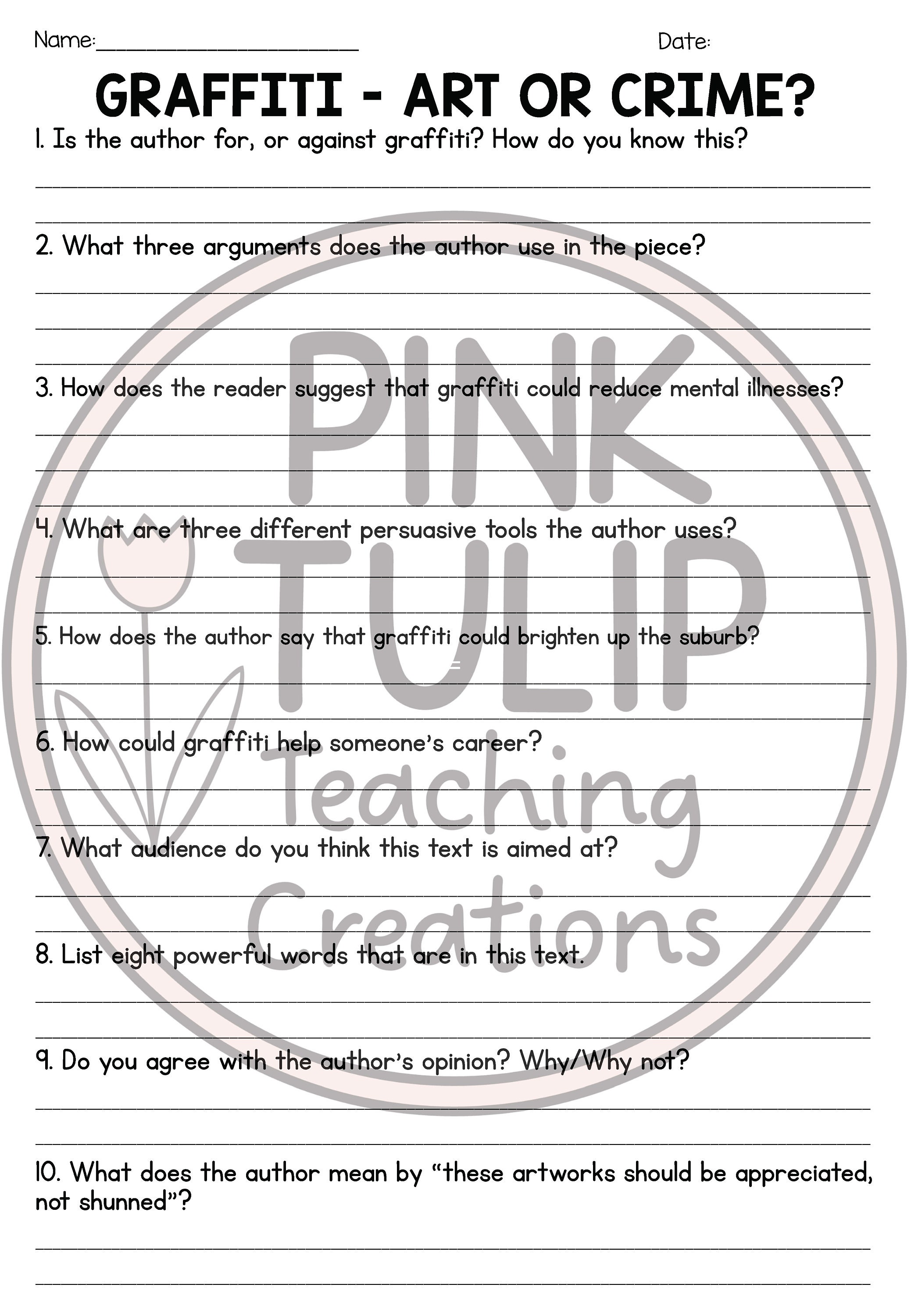 Persuasive Writing Comprehension - Graffiti, Art or Crime? - Etsy