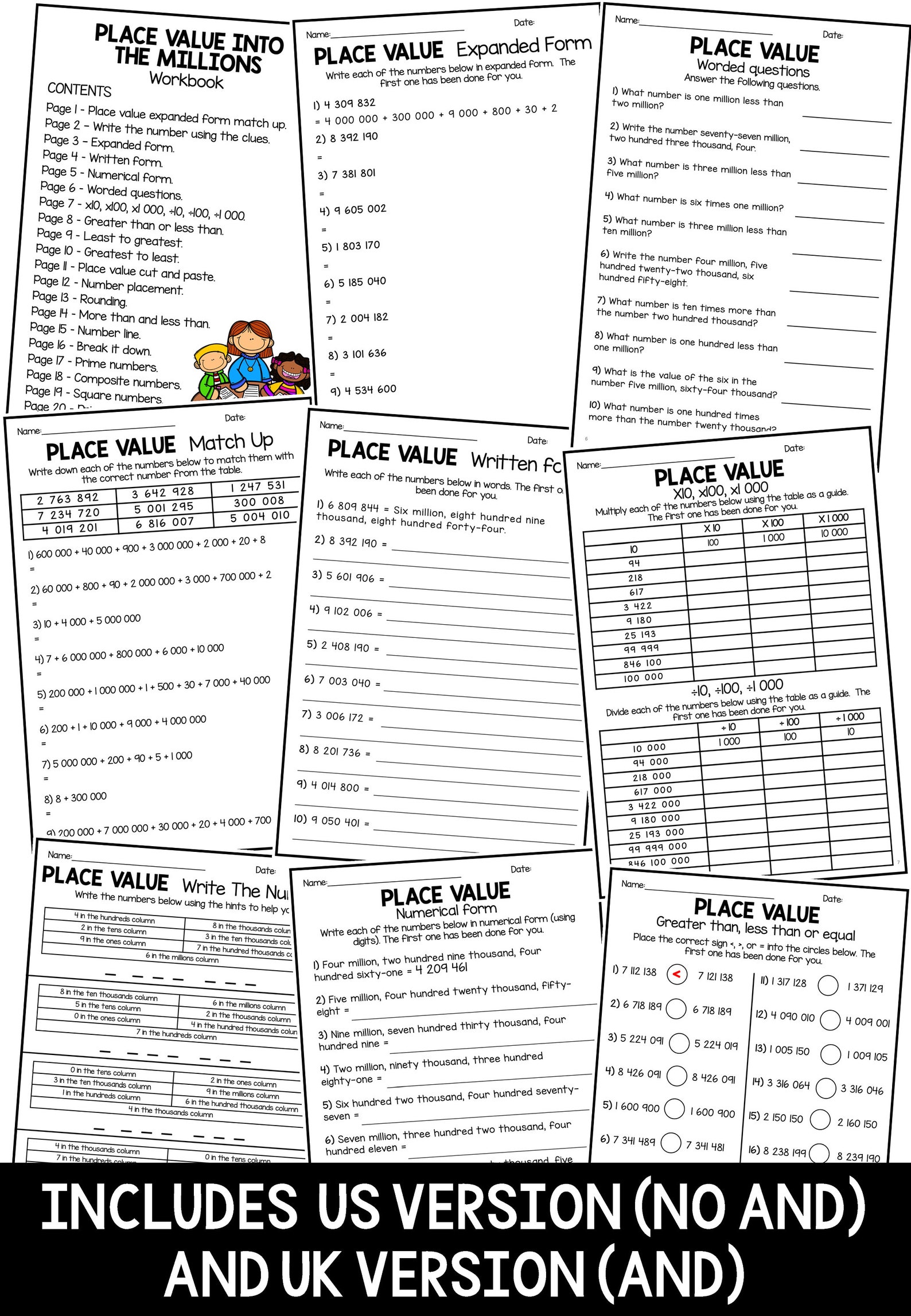 Place Value Into the Millions - Worksheet Pack - Etsy