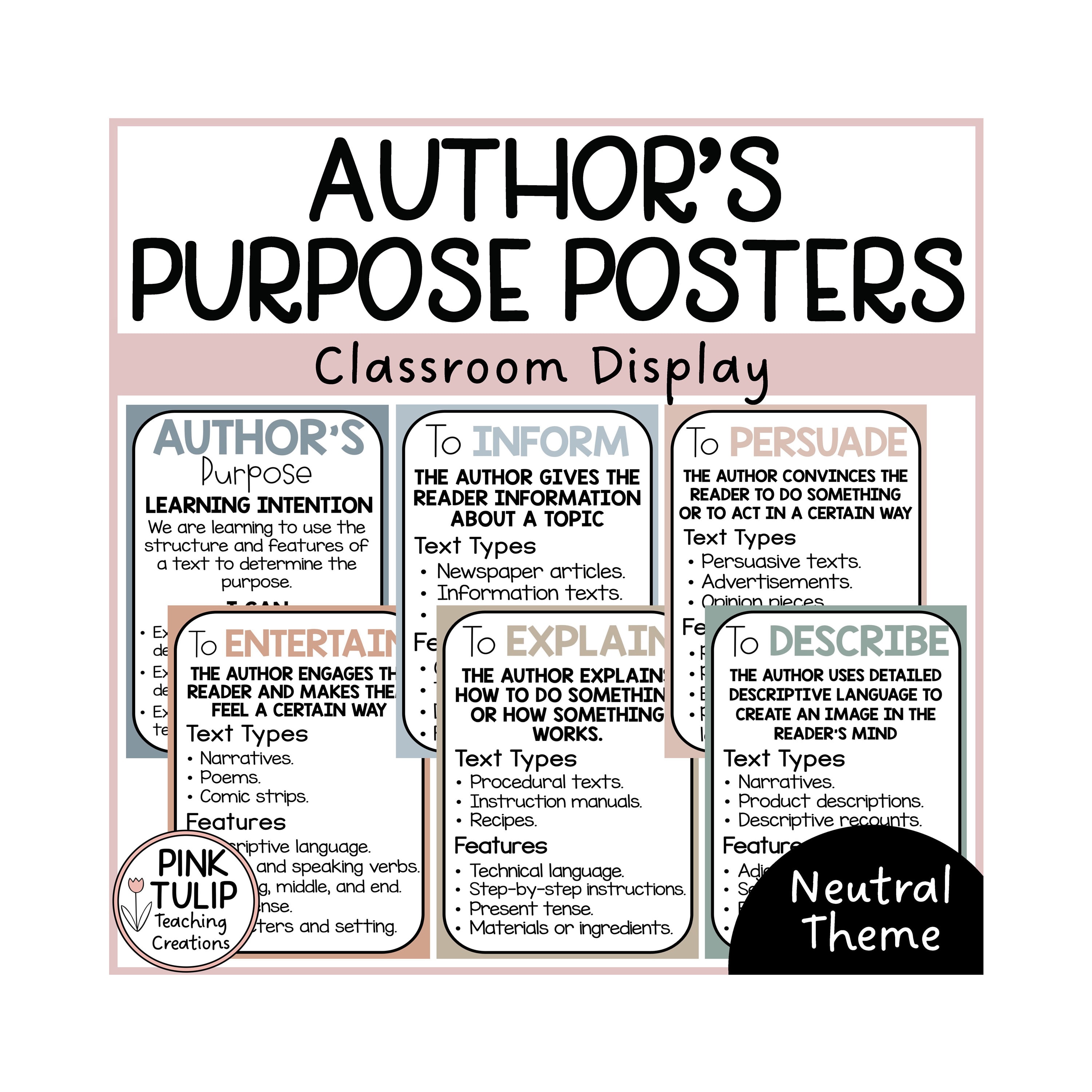 Author's Purpose Reading Posters - Earth Tones Classroom Decor - Etsy