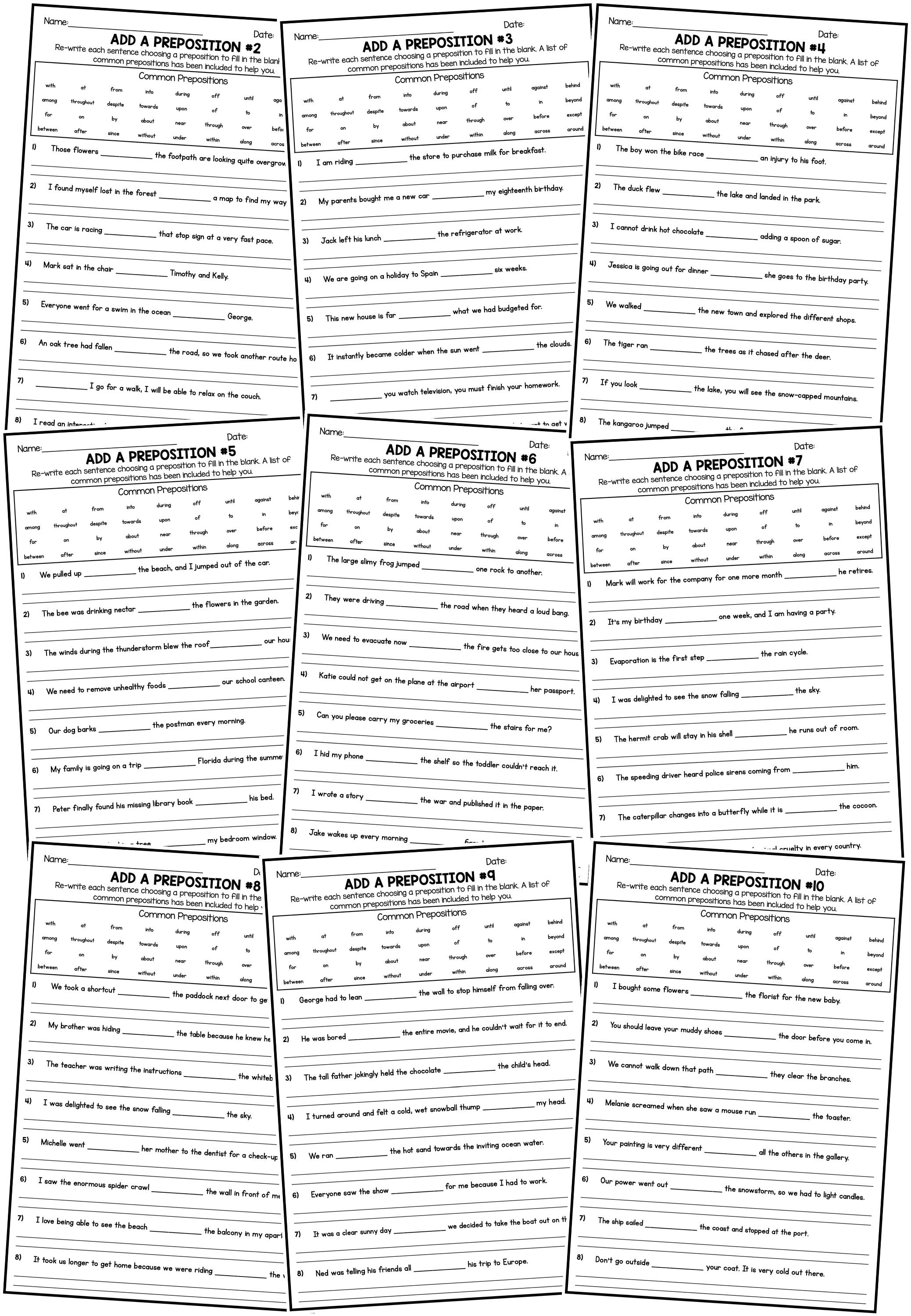 Add A Preposition to the Sentences - Fill in the Blanks Worksheet Pack ...