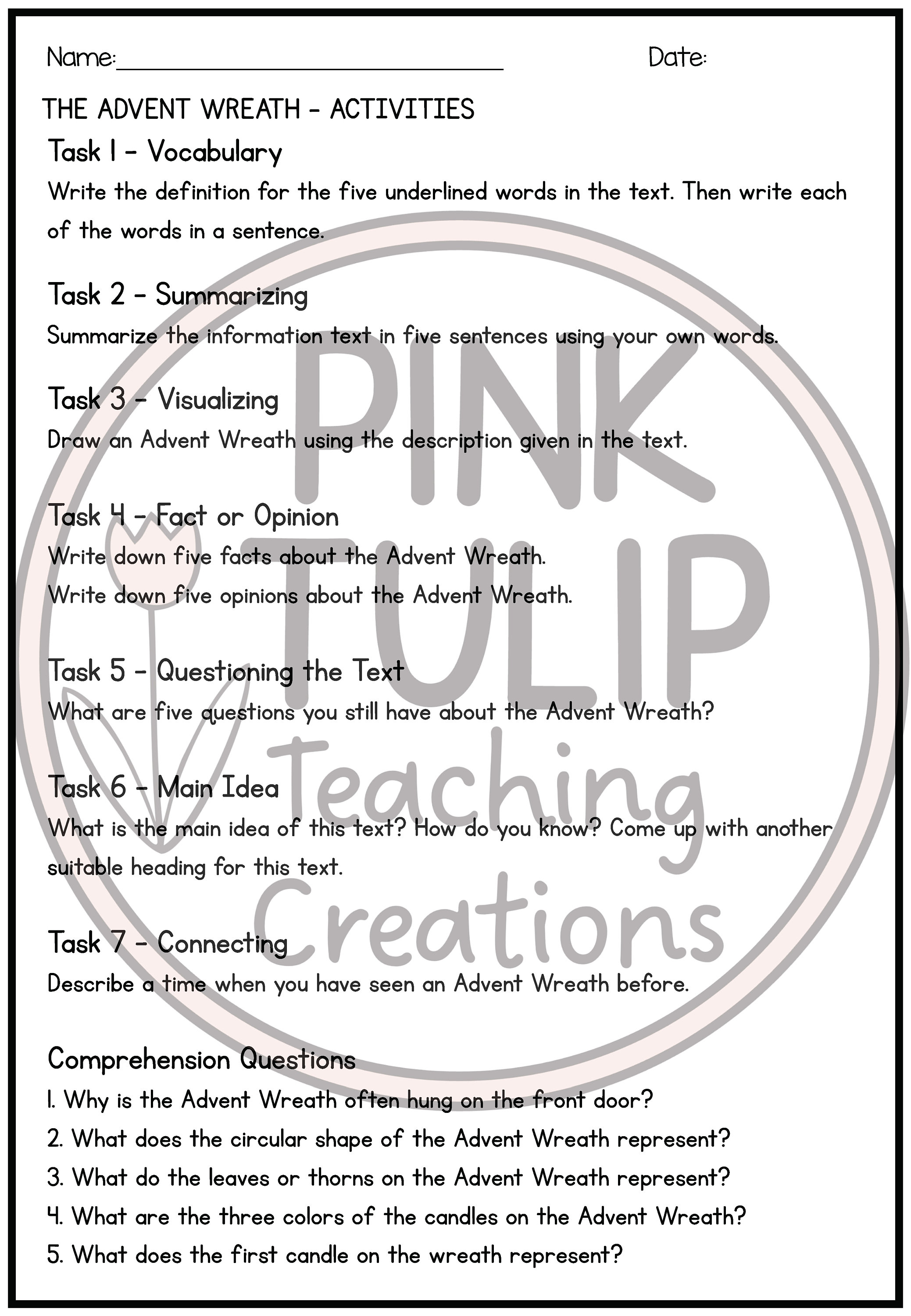 Advent Wreath Christmas Comprehension - Reading Strategy Worksheet - Etsy