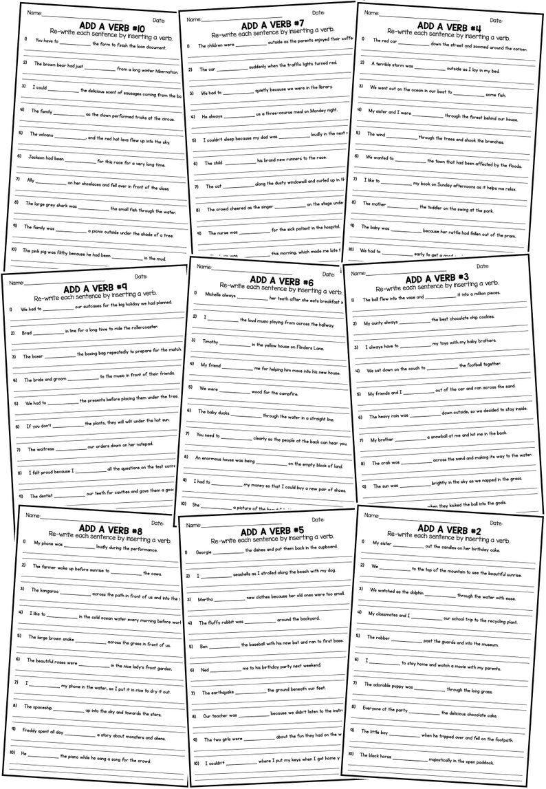 Add A Verb to the Sentences - Fill in the Blanks Worksheet Pack - Etsy