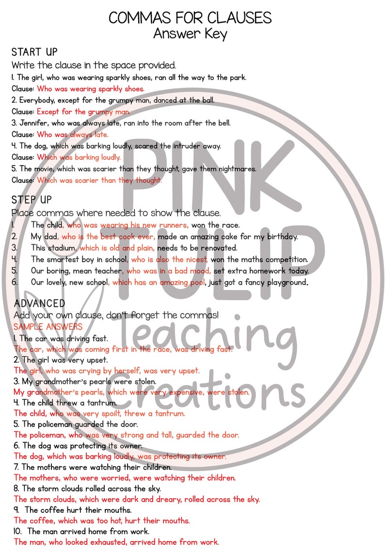 Commas for Clauses, Commas for Lists - Grammar Worksheets With Answers ...