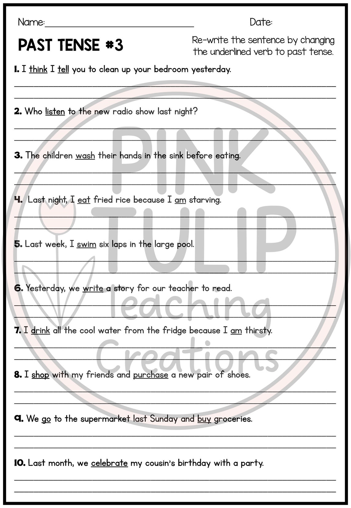 Change the Verb to Past Tense - Worksheet Pack - Etsy