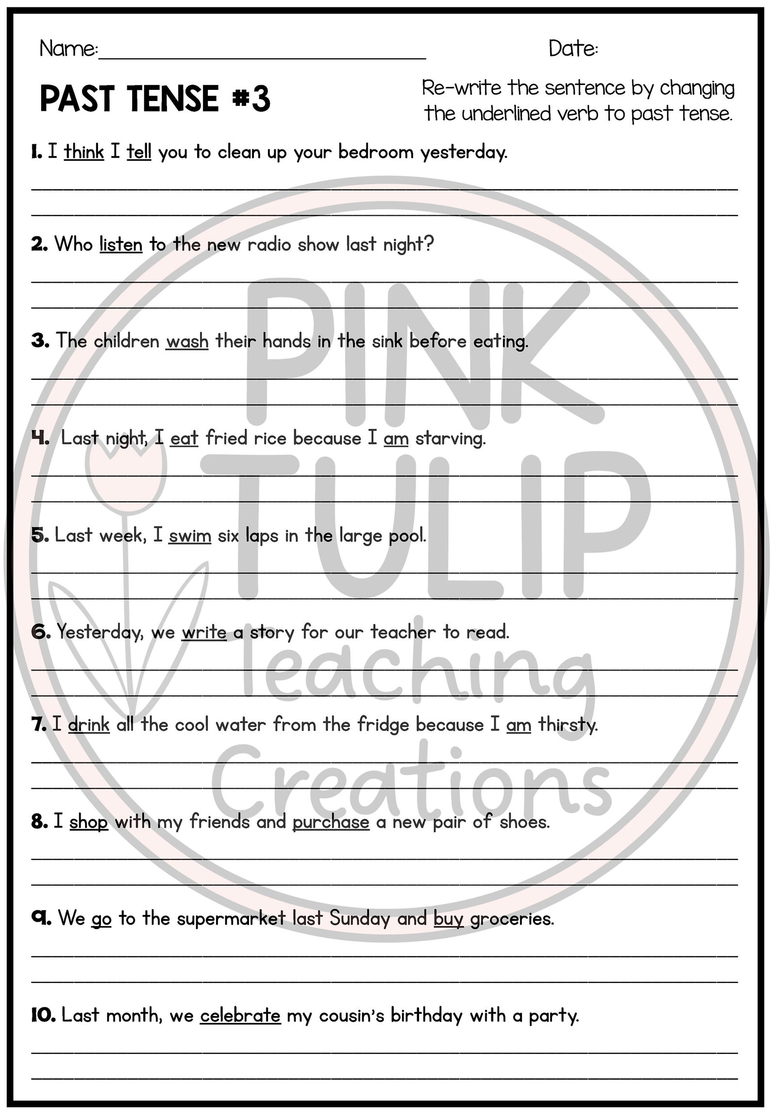 Change the Verb to Past Tense - Worksheet Pack - Etsy