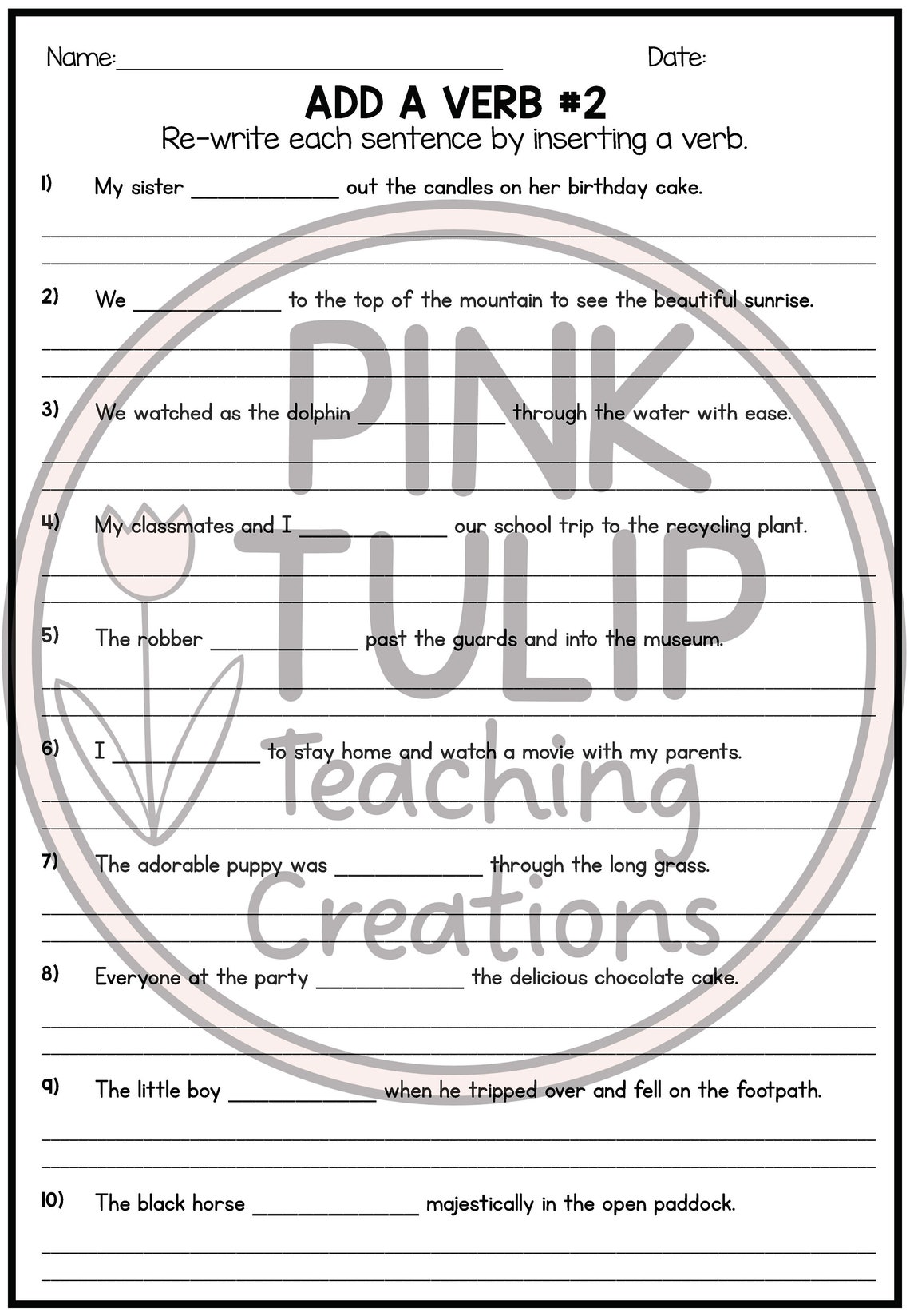 Add A Verb to the Sentences - Fill in the Blanks Worksheet Pack - Etsy