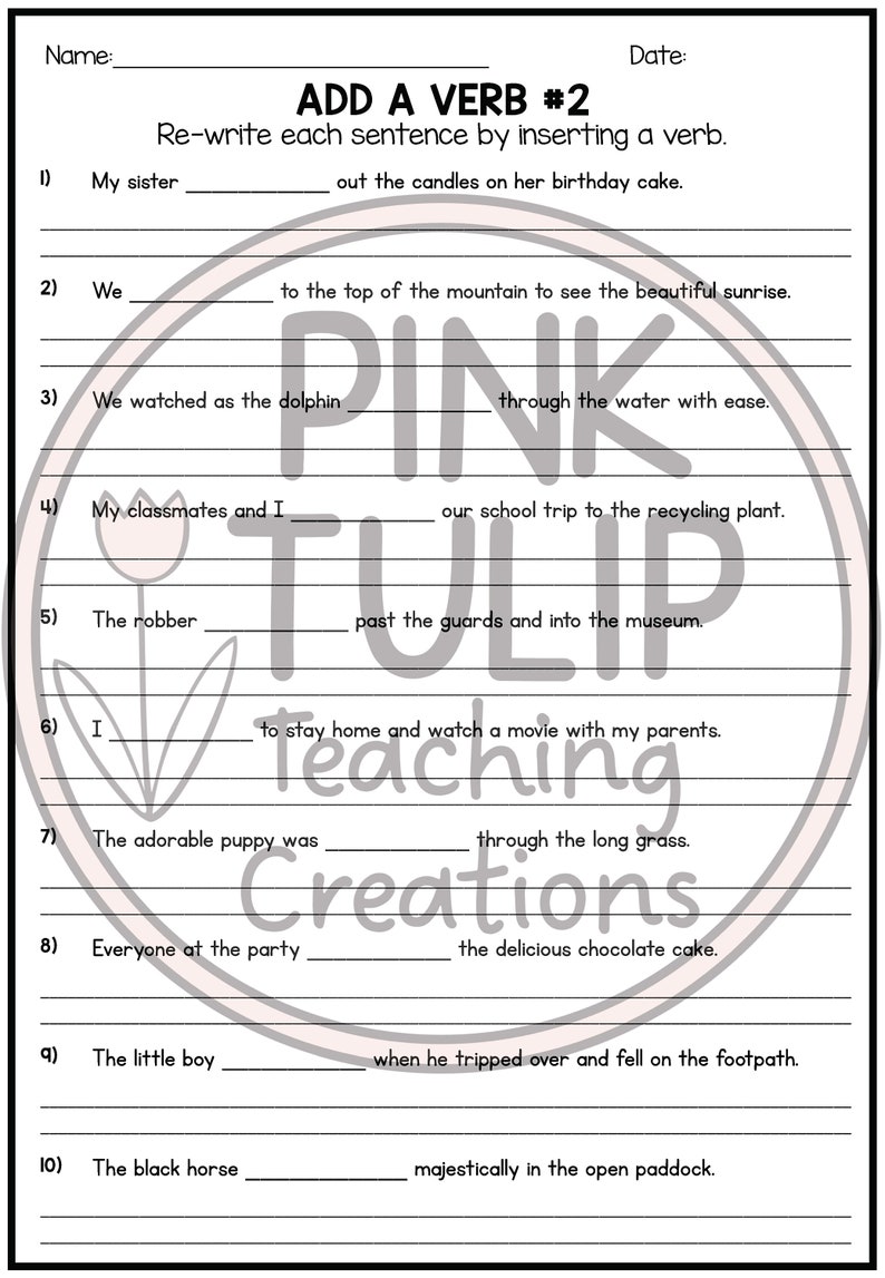 Add A Verb to the Sentences - Fill in the Blanks Worksheet Pack - Etsy