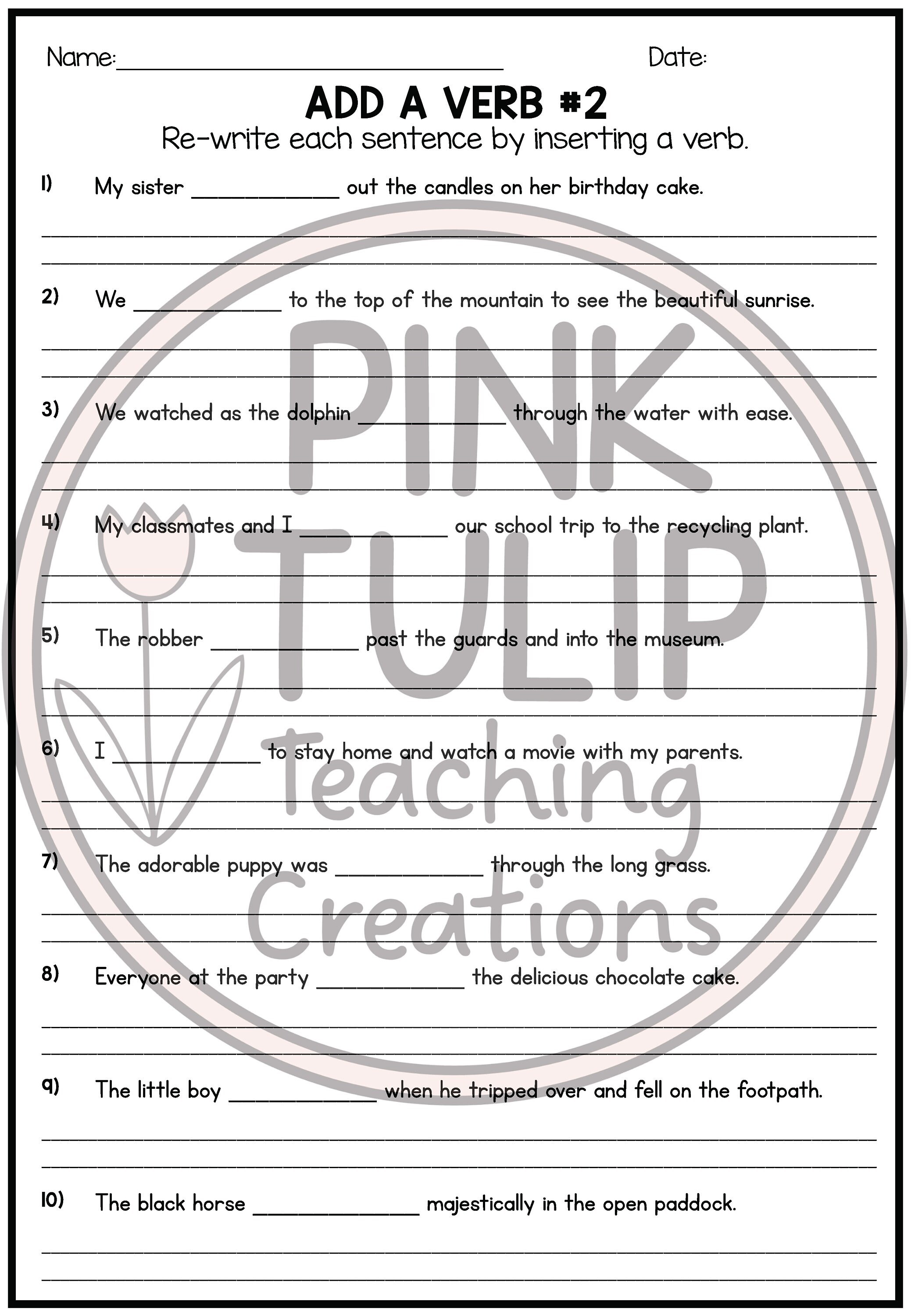 Add A Verb to the Sentences - Fill in the Blanks Worksheet Pack - Etsy