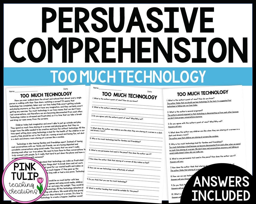 Persuasive Writing Comprehension Too Much Technology - Etsy