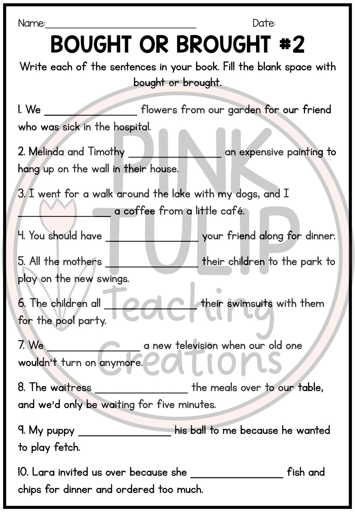 Bought or Brought Grammar Worksheets - Etsy