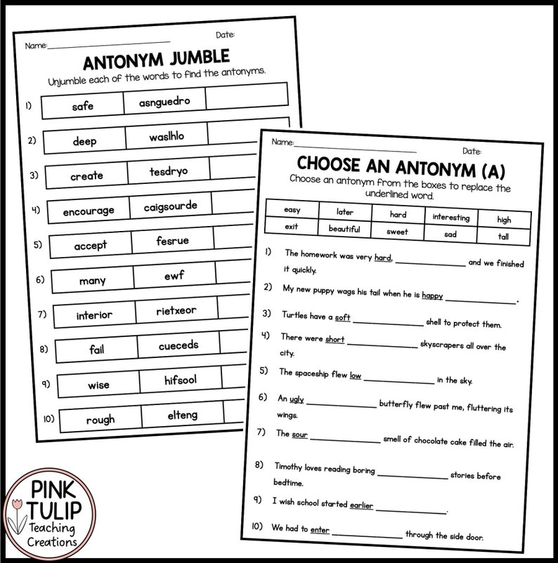 Antonyms Worksheet Pack No Prep Printables With Answers - Etsy