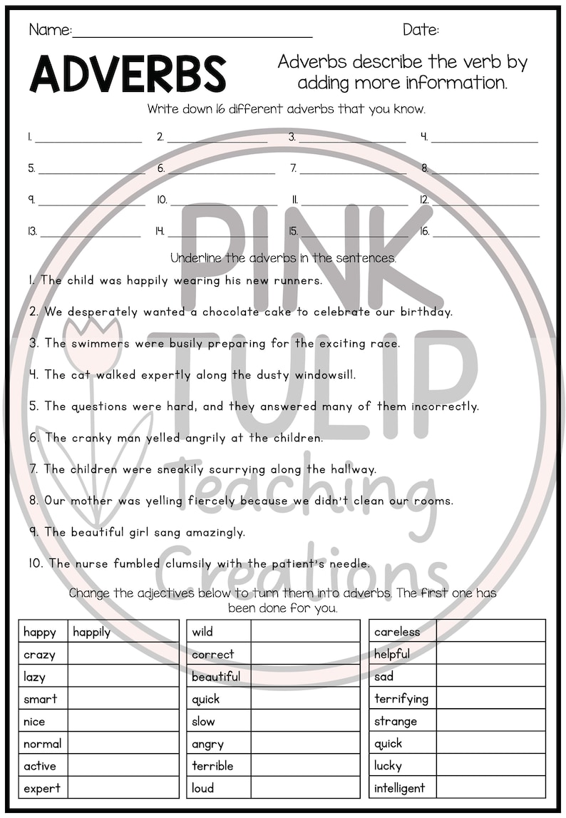 Understanding Adverbs Worksheets - No Prep Printables - Etsy