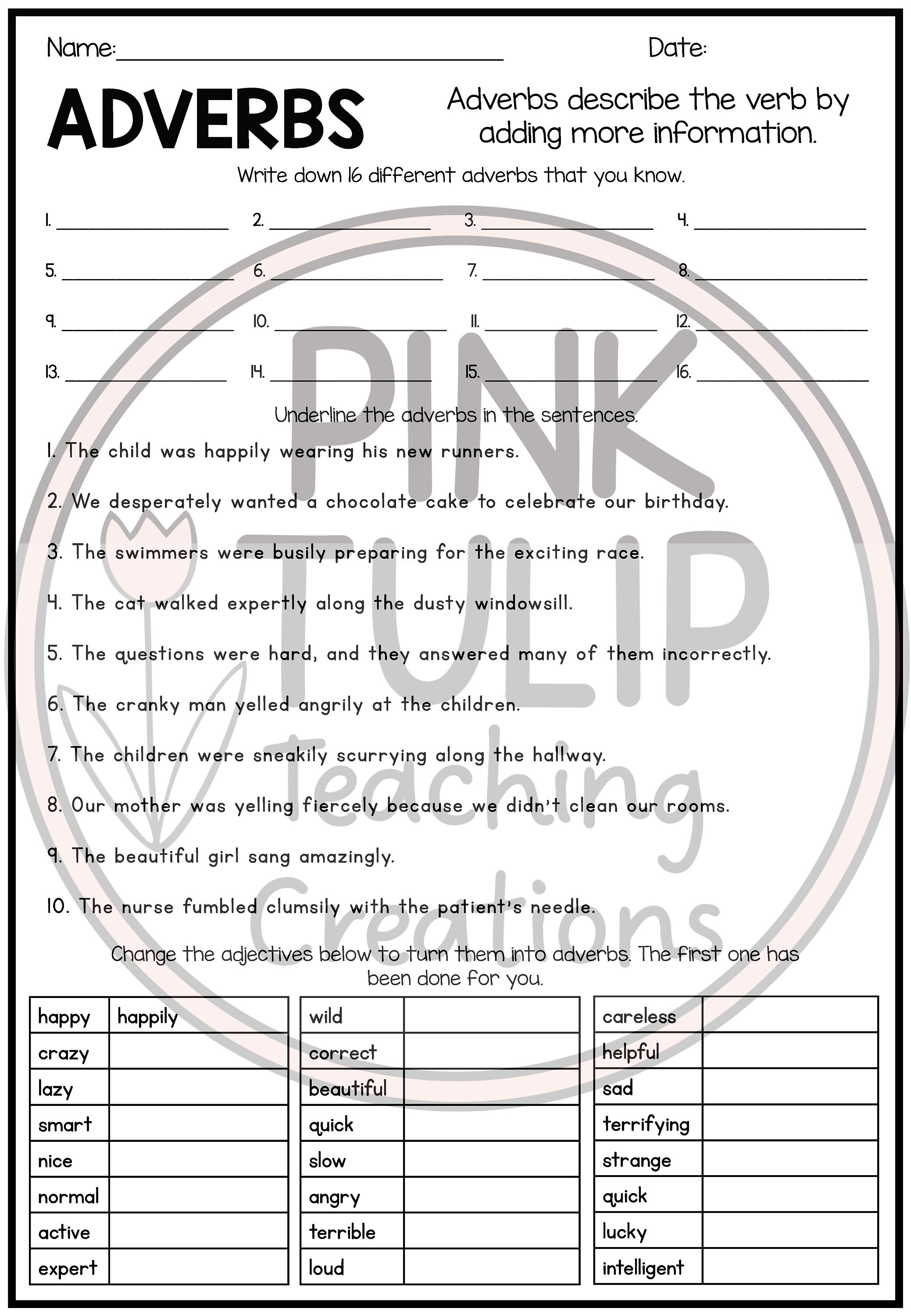 Understanding Adverbs Worksheets - No Prep Printables - Etsy