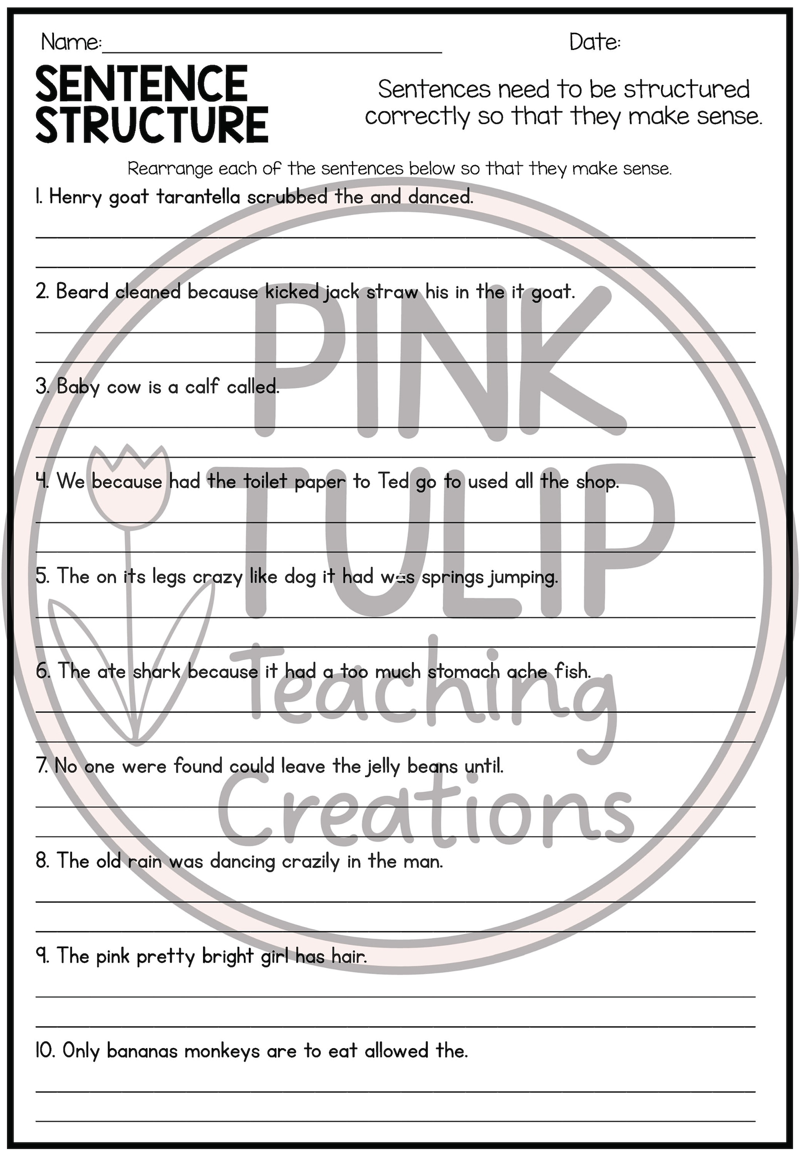 Sentence Structure Worksheets - No Prep Printables - Etsy