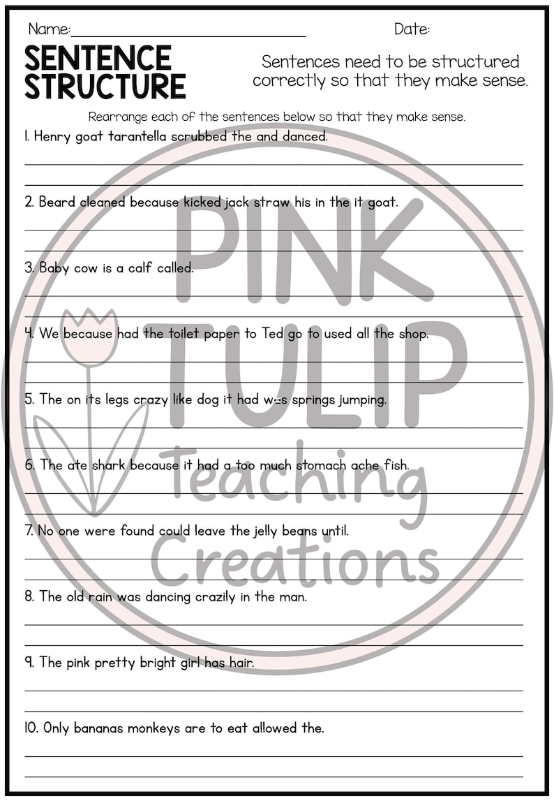 Sentence Structure Worksheets - No Prep Printables - Etsy