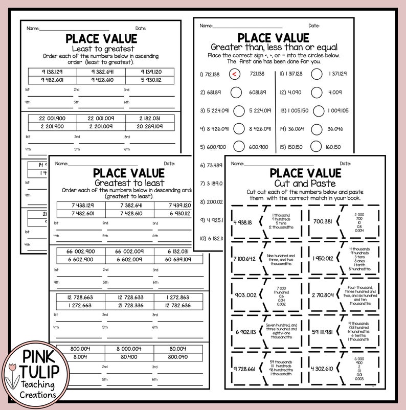 Decimal Place Value Into the Thousandths - Worksheet Pack - Etsy