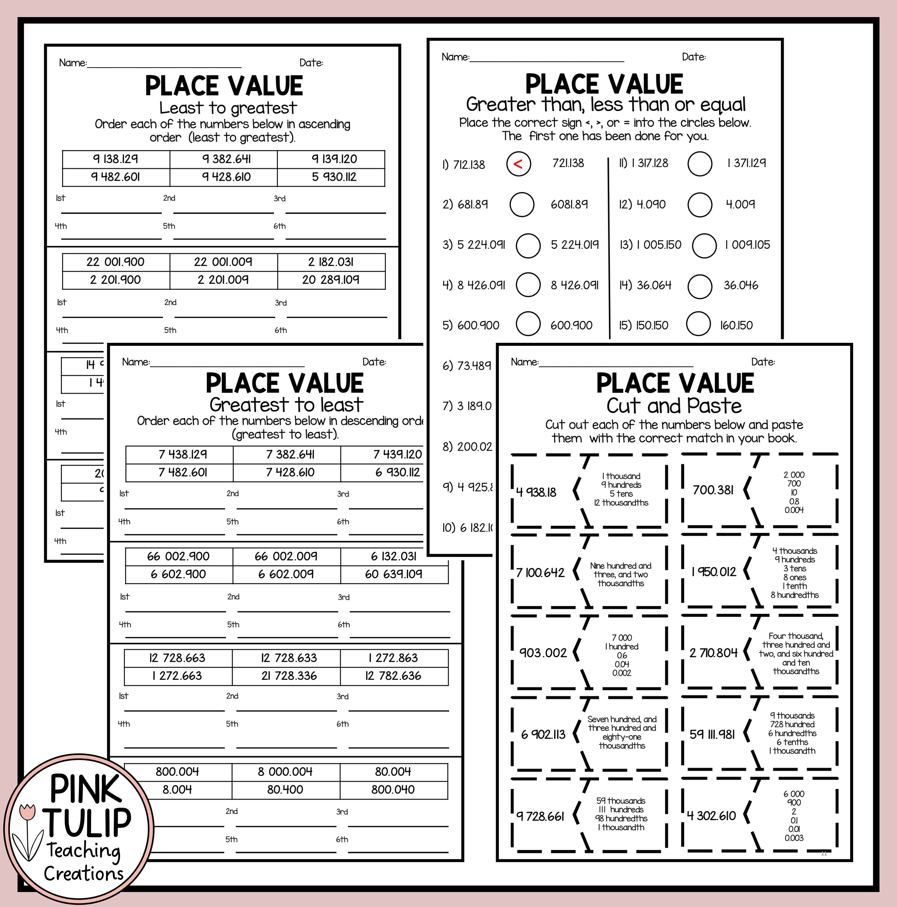 Decimal Place Value Into the Thousandths - Worksheet Pack - Etsy