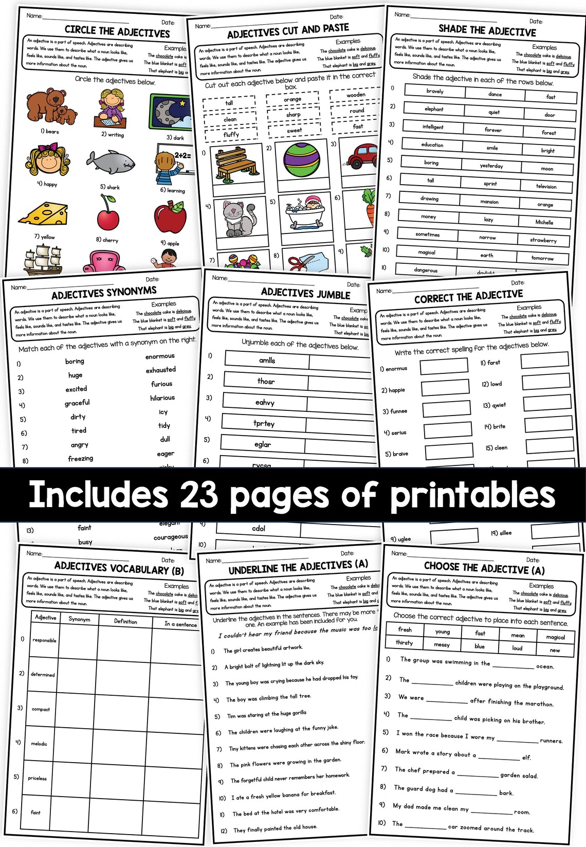Adjectives Worksheet Pack With Answers - Etsy