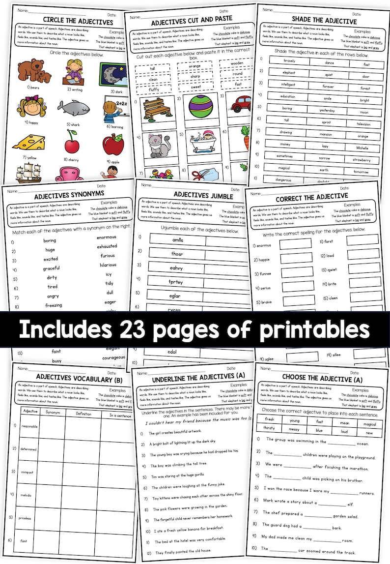 Adjectives Worksheet Pack With Answers - Etsy