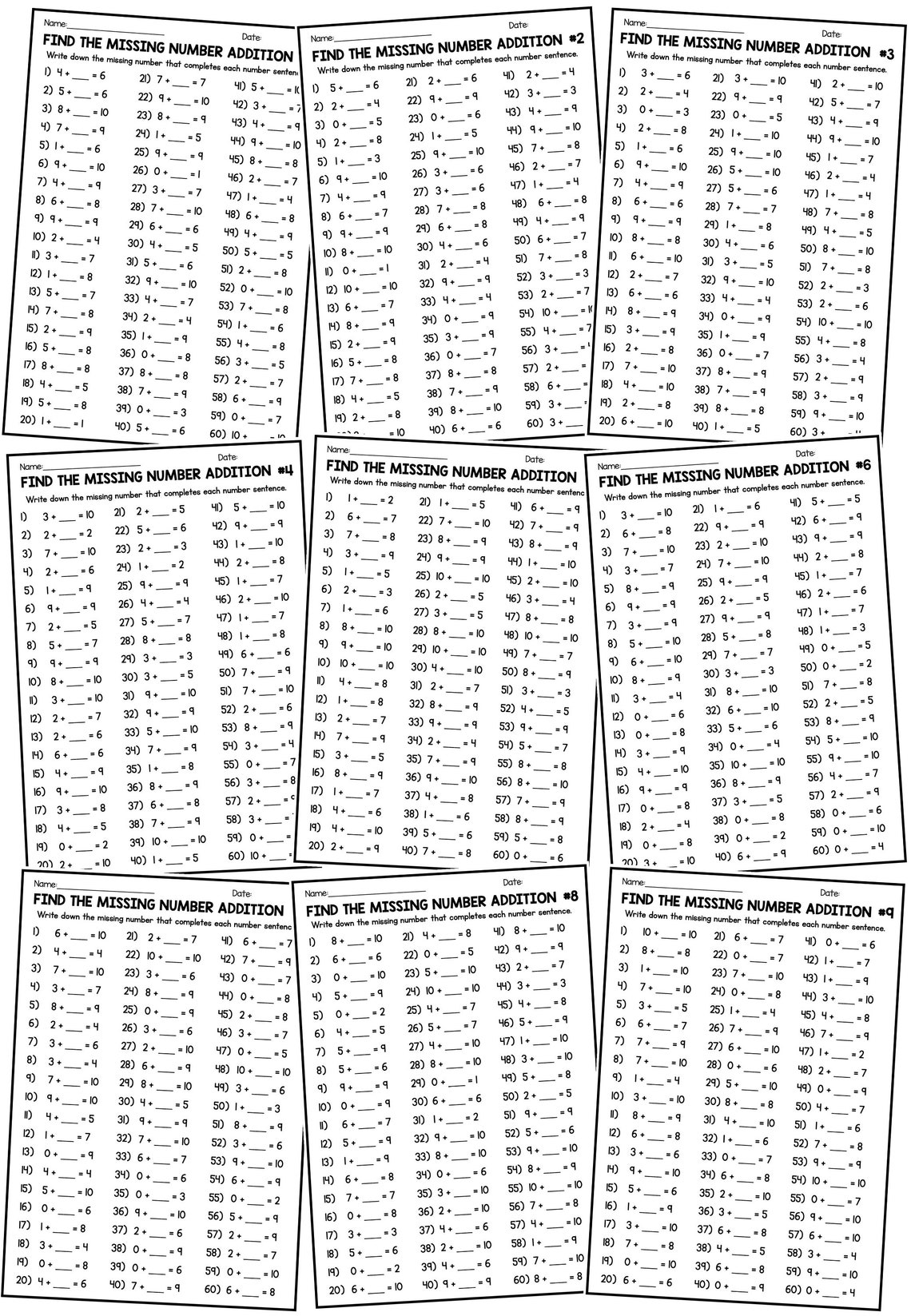 Missing Number up to 10 Addition Worksheets Mental Math or Early ...