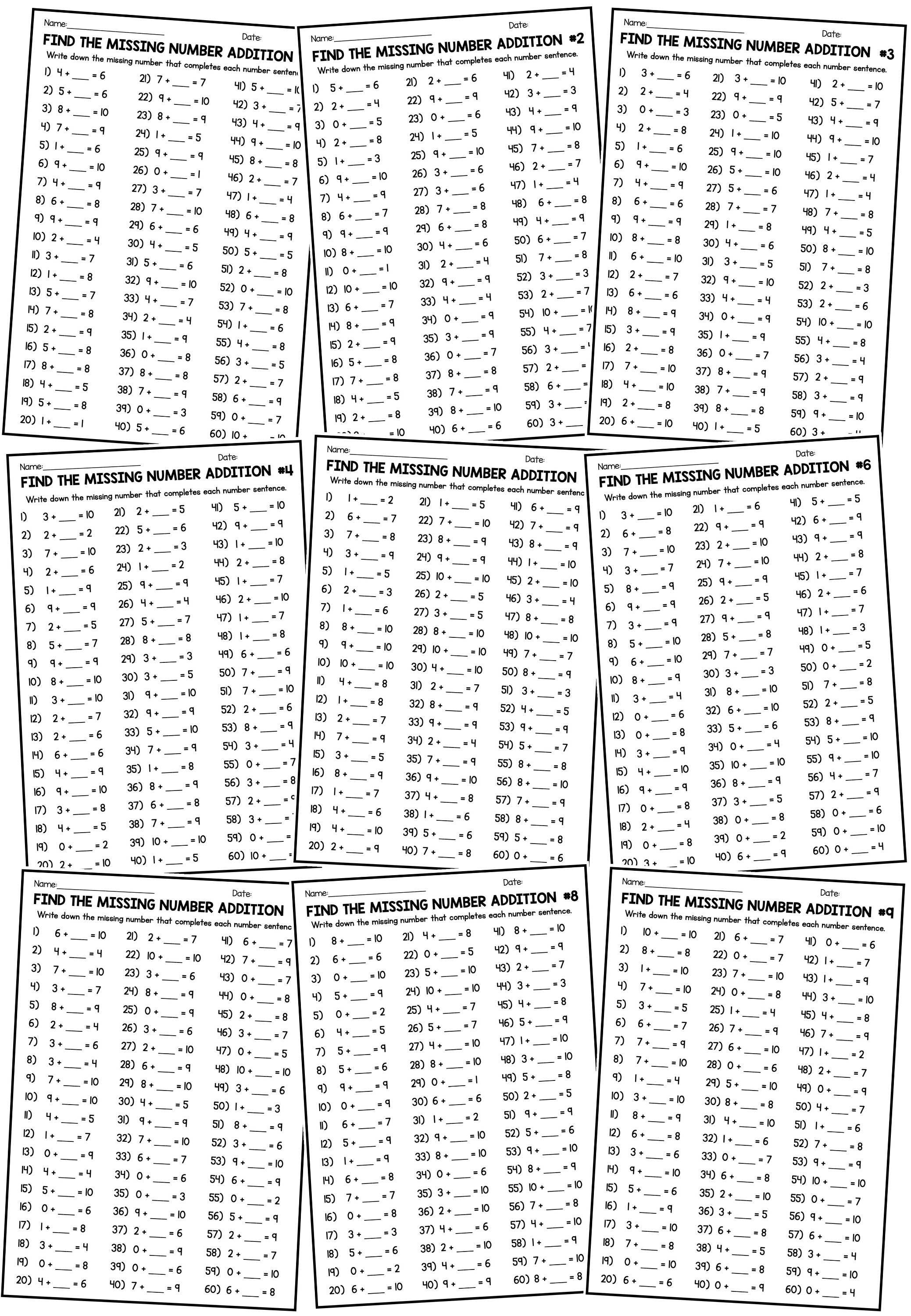 Missing Number up to 10 Addition Worksheets - Mental Math or Early ...