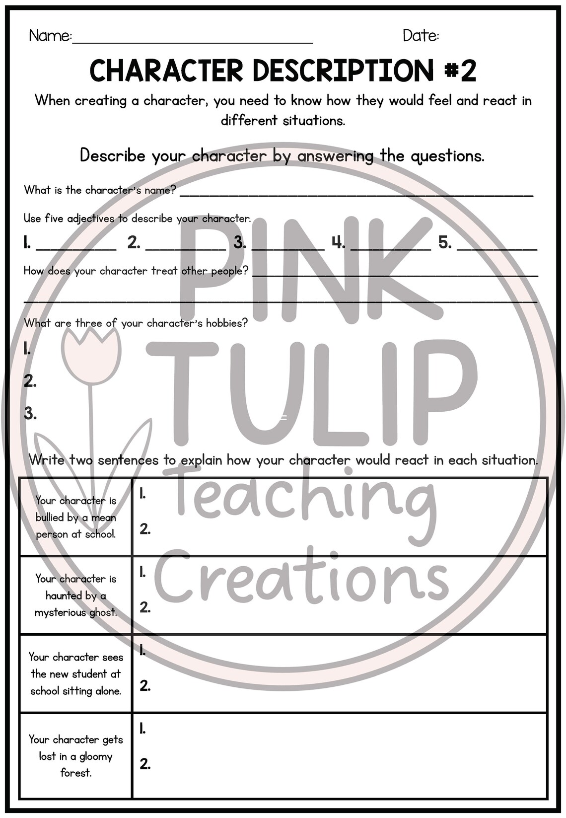 Character Description - Narrative Writing Worksheets - Etsy