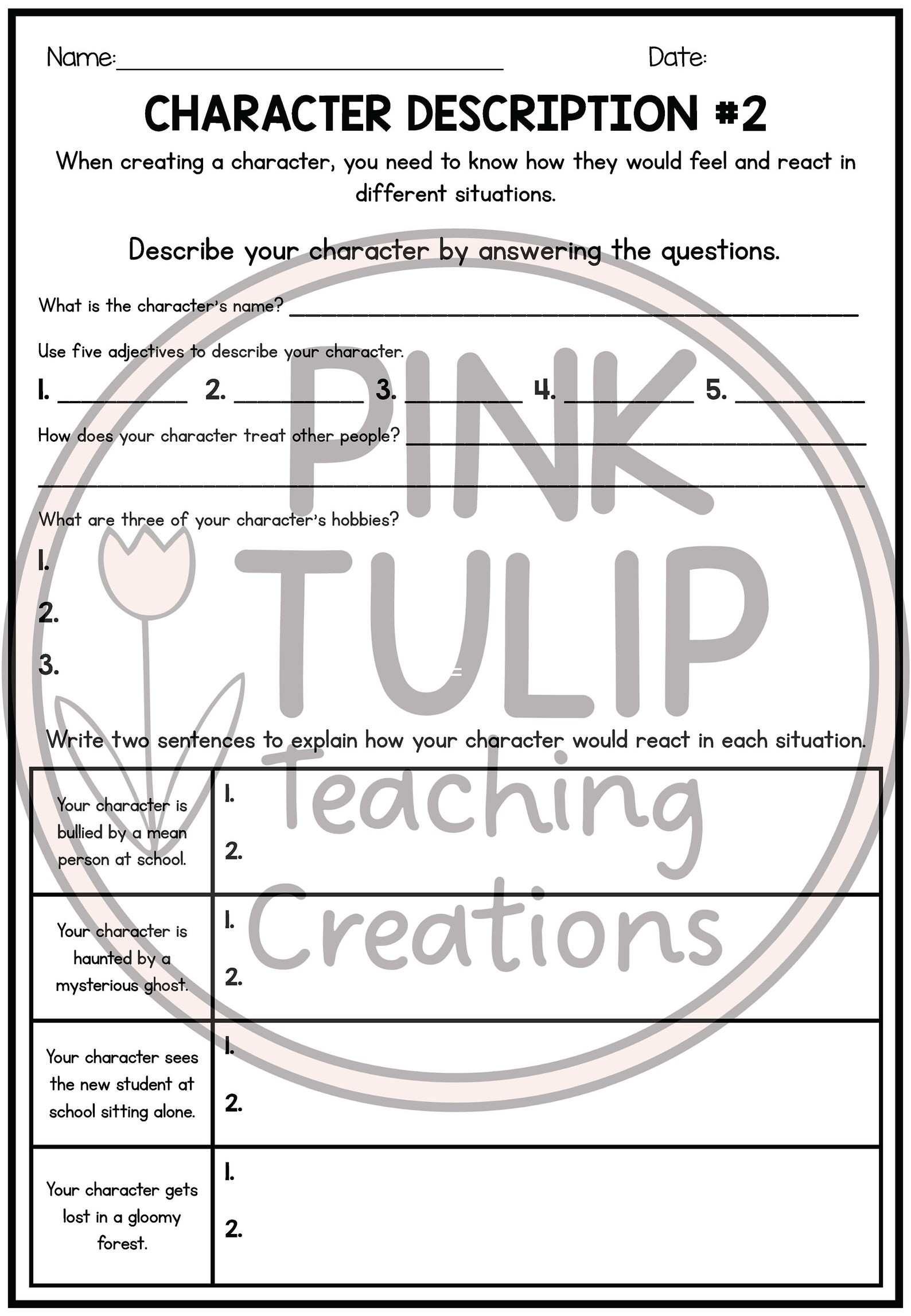 Character Description - Narrative Writing Worksheets - Etsy