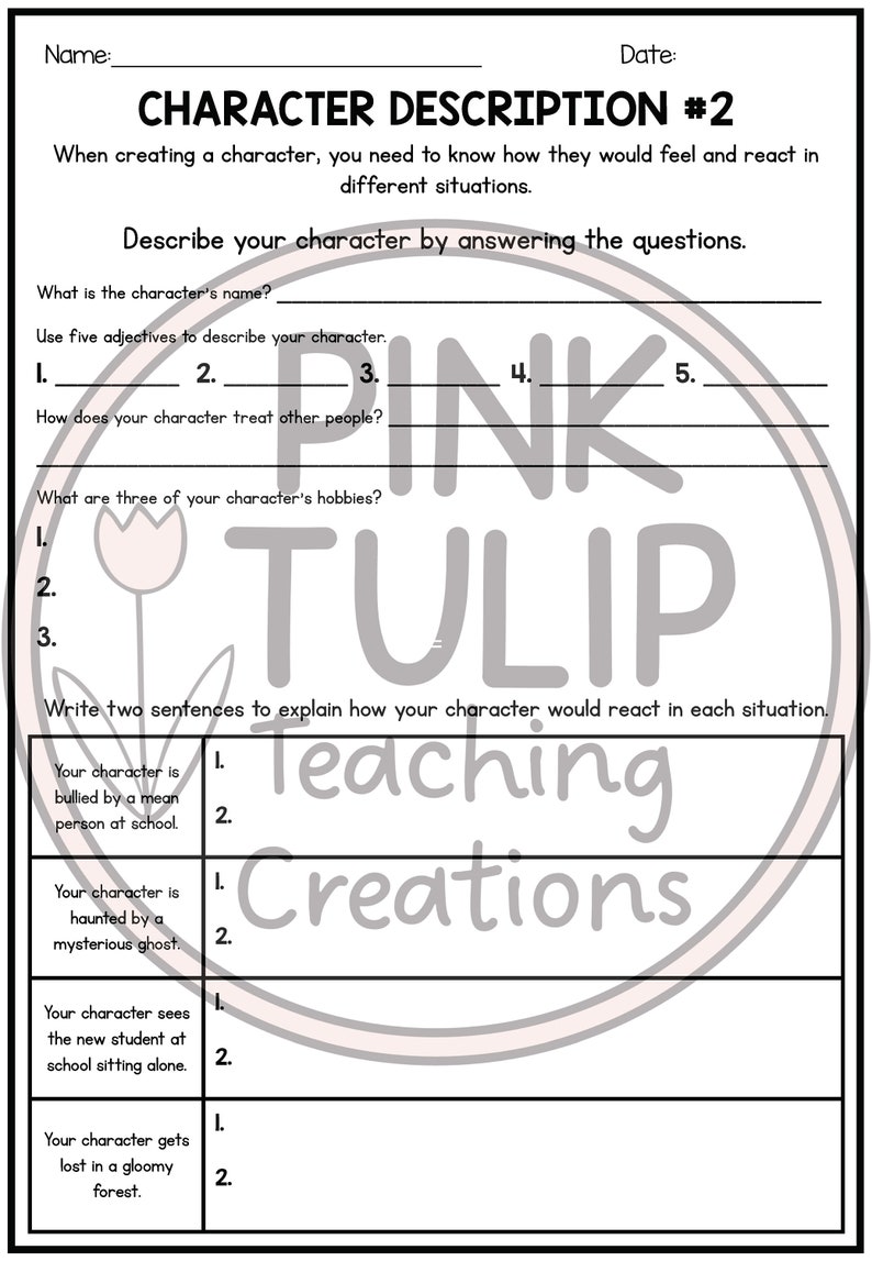 Character Description - Narrative Writing Worksheets - Etsy