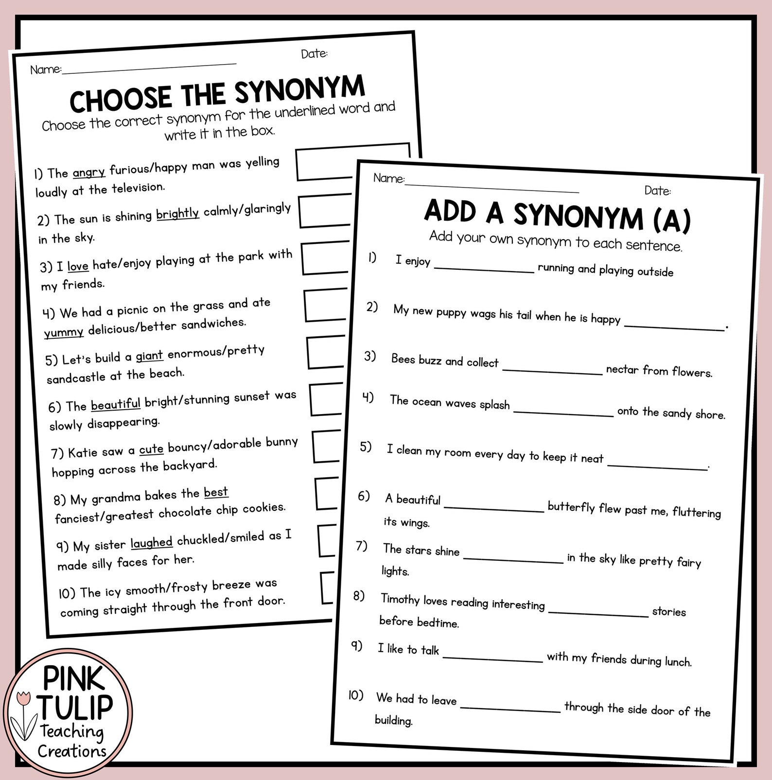 Synonyms Worksheet Pack - No Prep Printables With Answers - Etsy