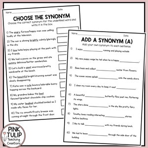 Synonyms Worksheet Pack - No Prep Printables With Answers - Etsy