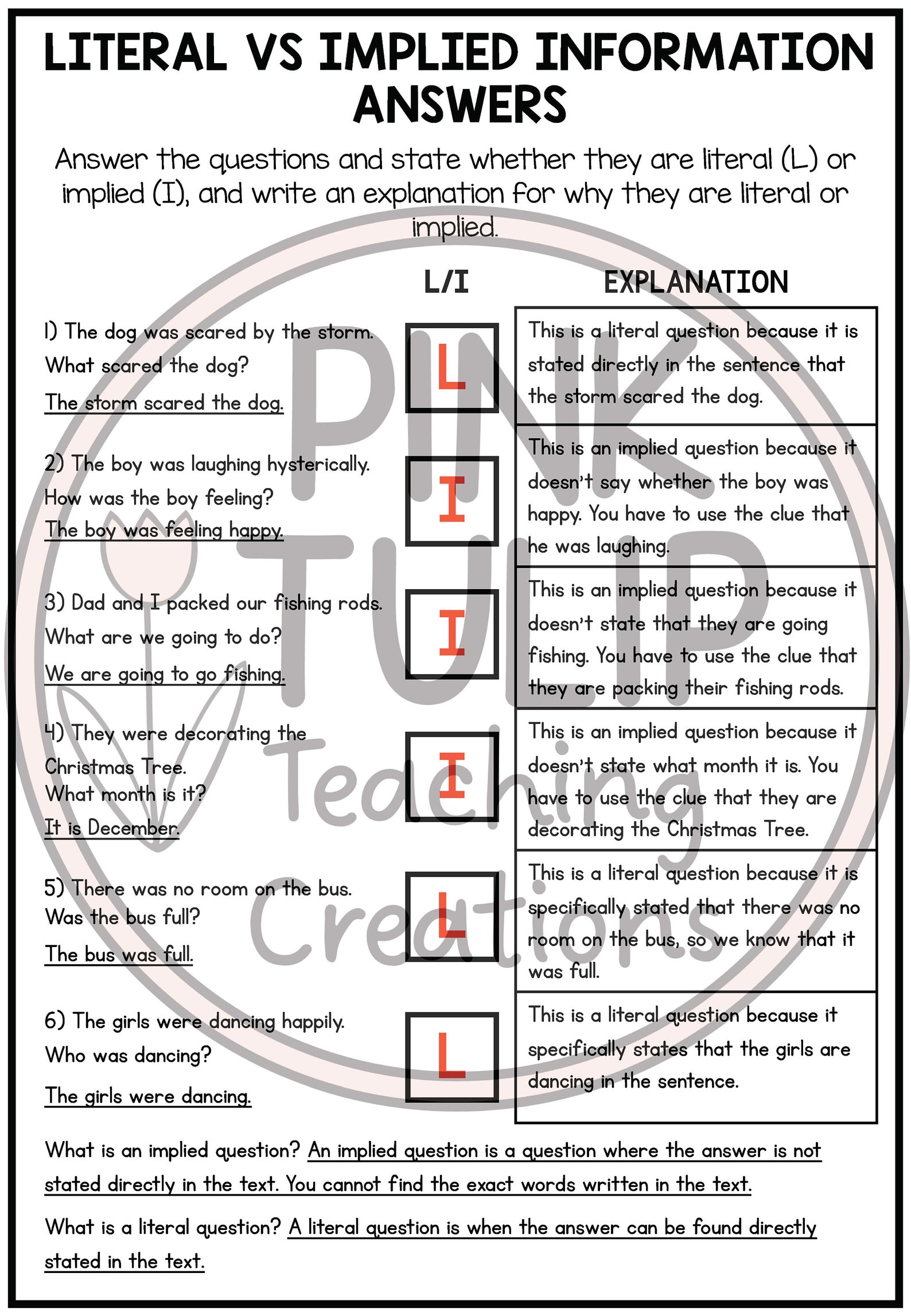 Implied Vs Literal Questions - Worksheets With Answers - Etsy
