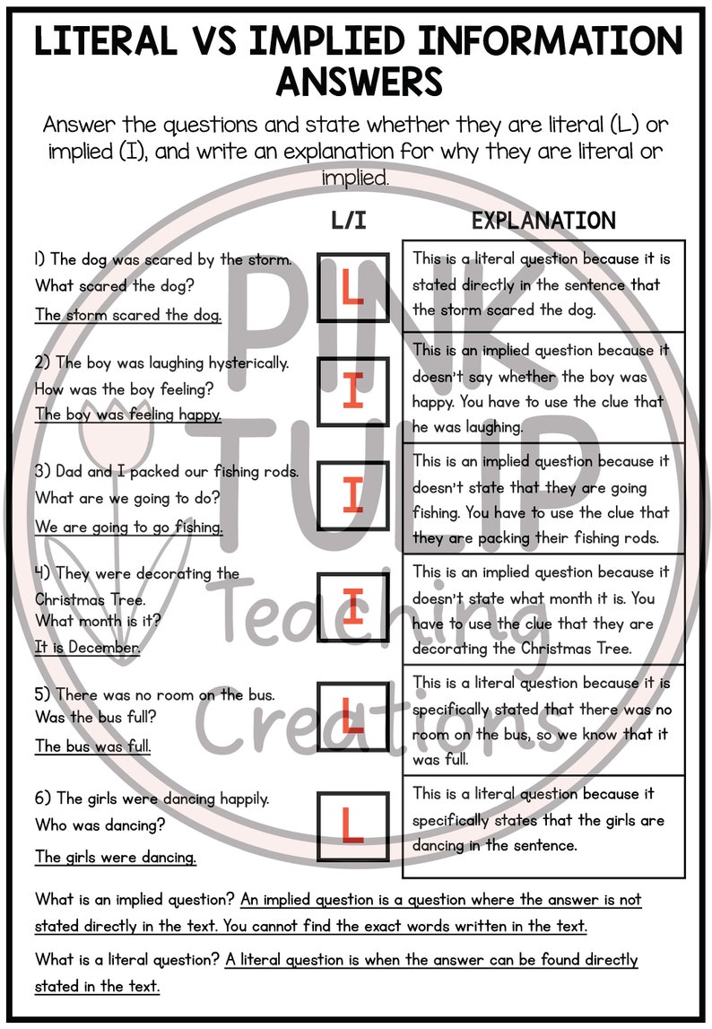 Implied Vs Literal Questions - Worksheets With Answers - Etsy