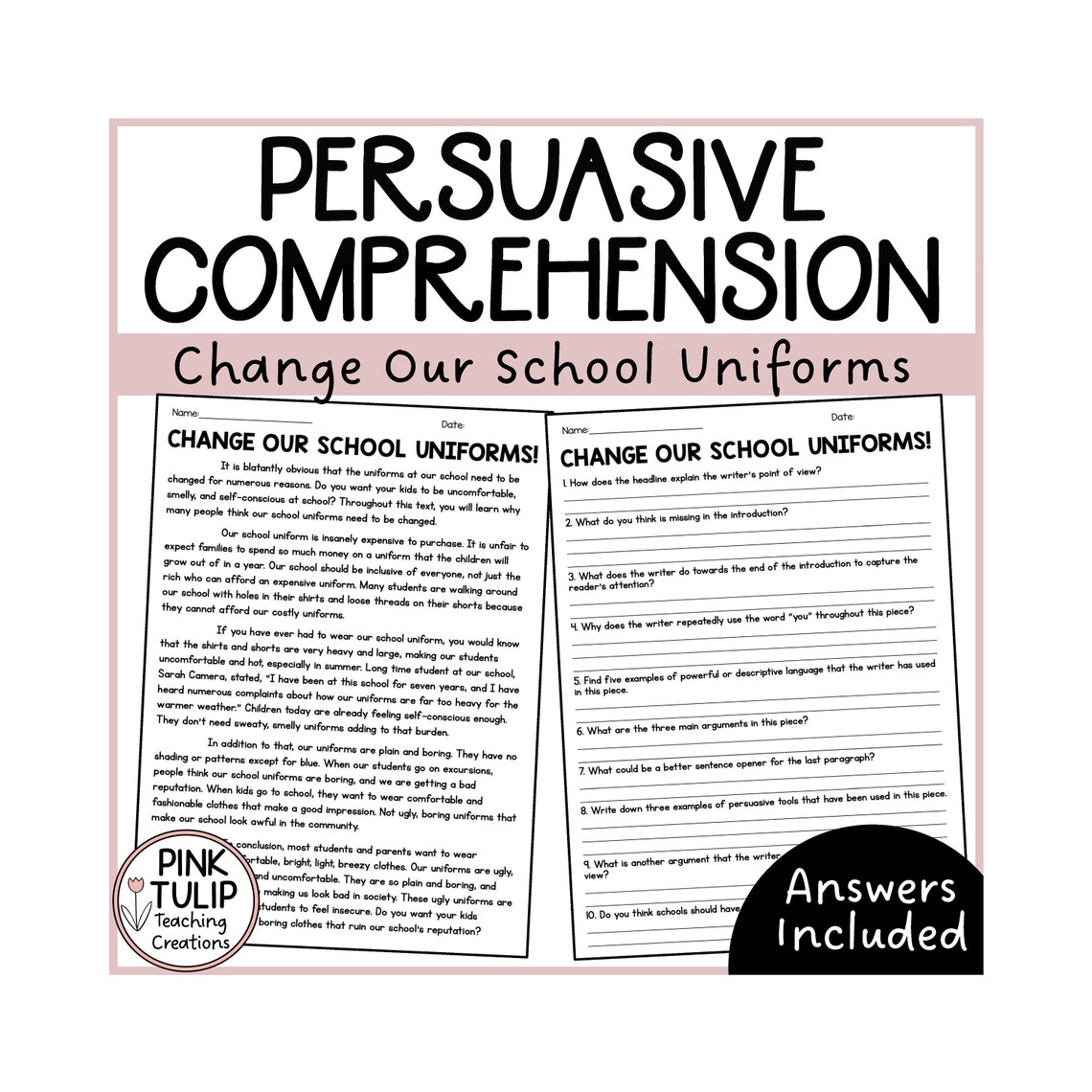 Persuasive Writing Comprehension - Change Our School Uniforms - Etsy