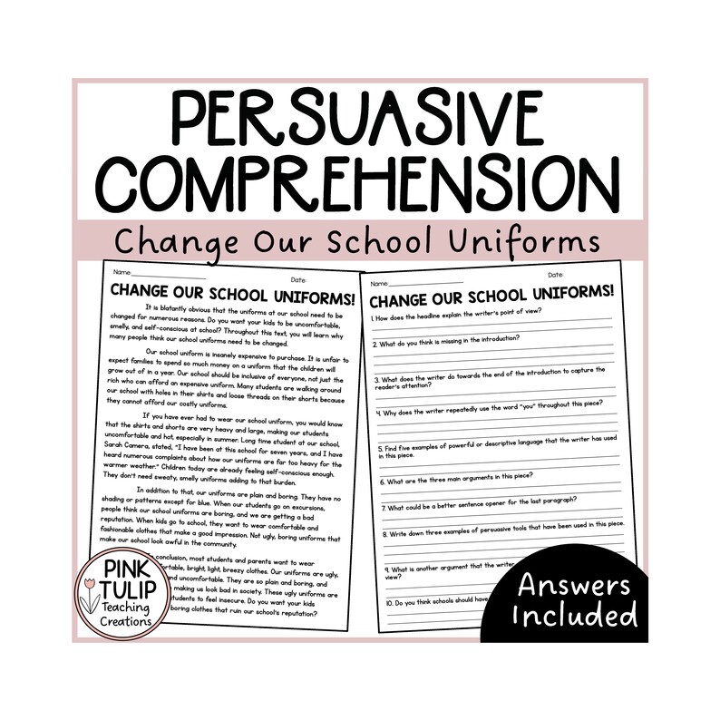 Persuasive Writing Comprehension - Change Our School Uniforms - Etsy