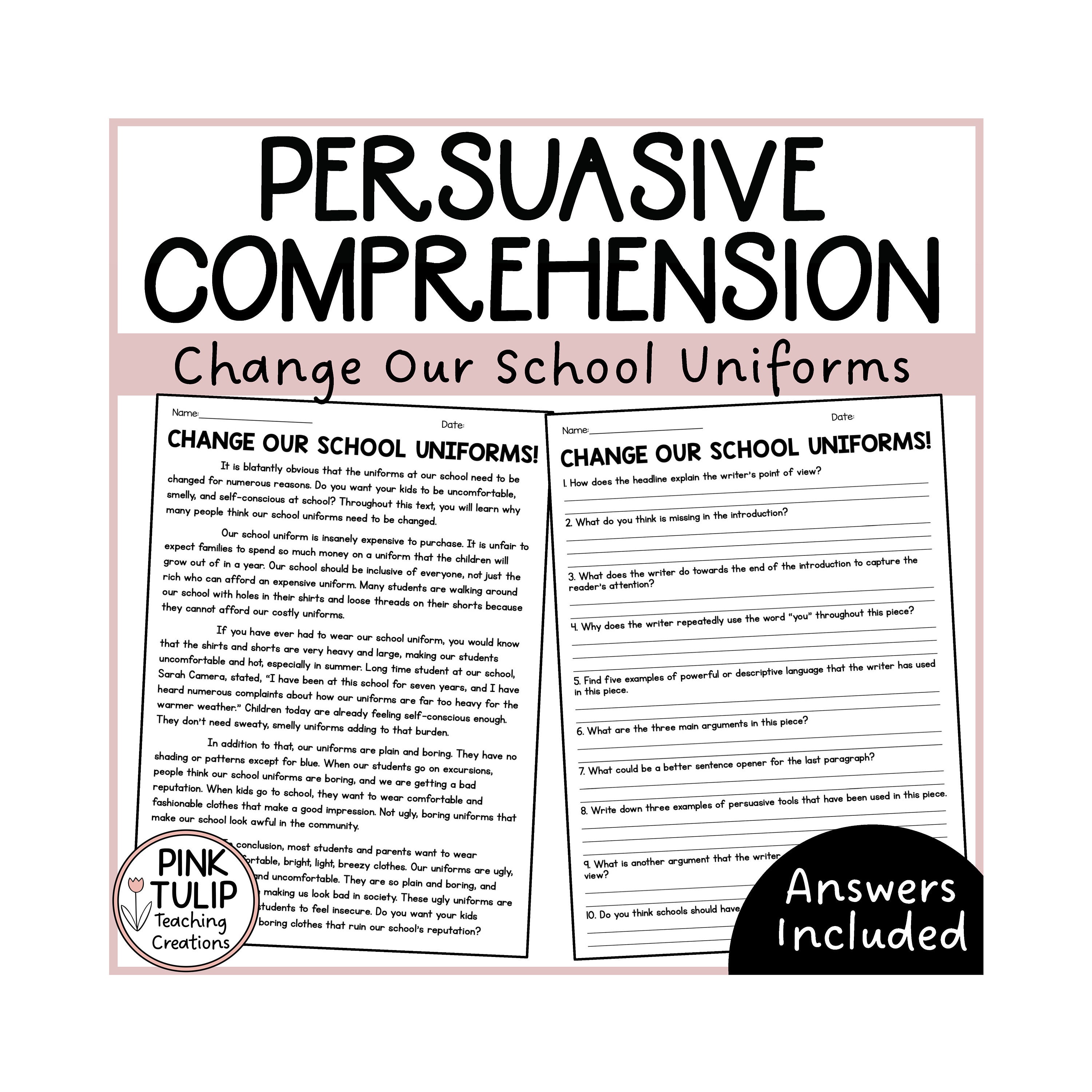 Persuasive Writing Comprehension - Change Our School Uniforms - Etsy