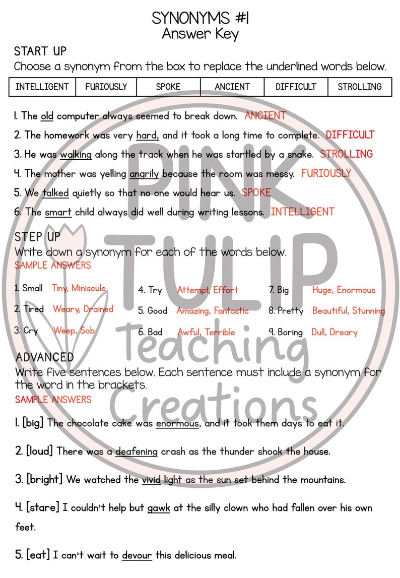 Antonyms and Synonyms - Grammar Worksheets With Answers - Etsy